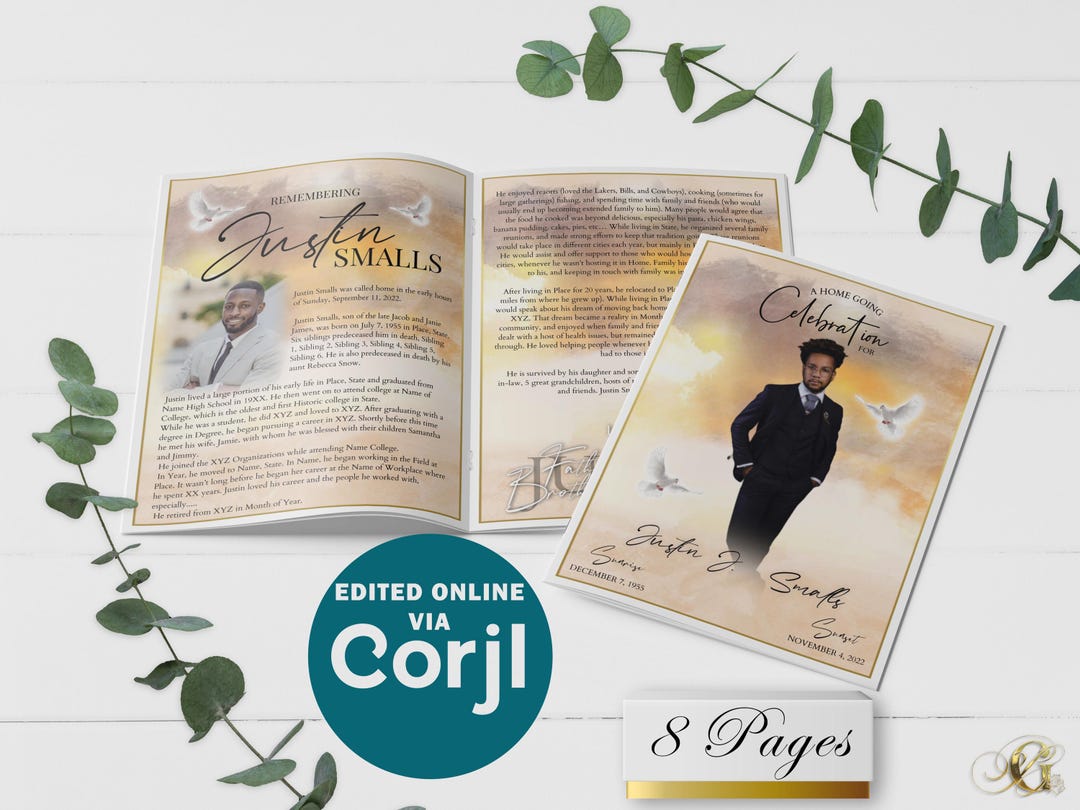 Heavenly Funeral Program Template: Bi-fold, 8-page (editable in Corjl ...