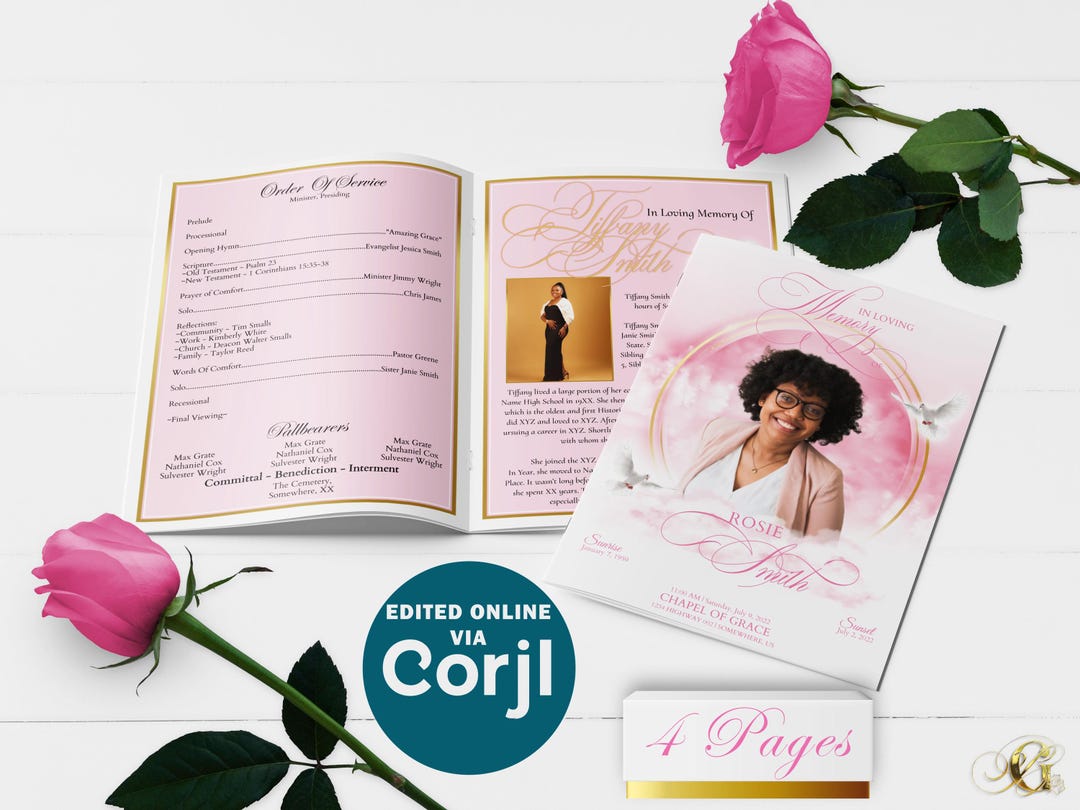 Pink and Gold Funeral Program Template | Bi-fold, 4 Page, Editable, 5 ...