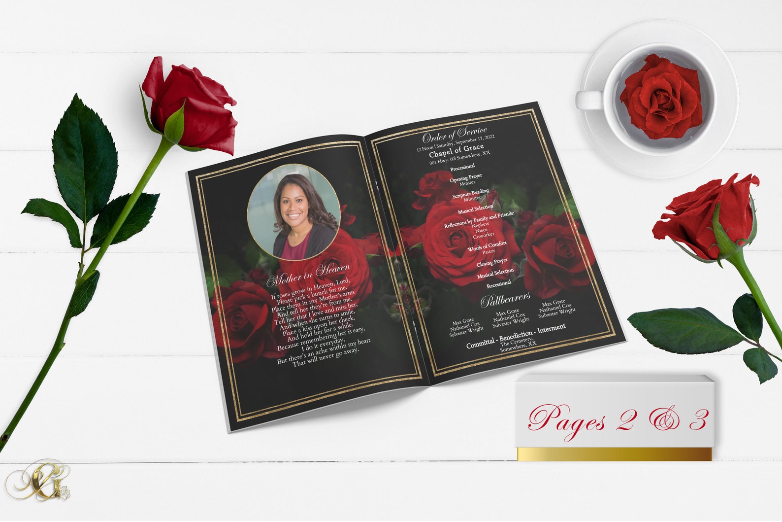 Red Rose Petals 8 Page Funeral Program for Women Bi-fold, Editable, 8 ...