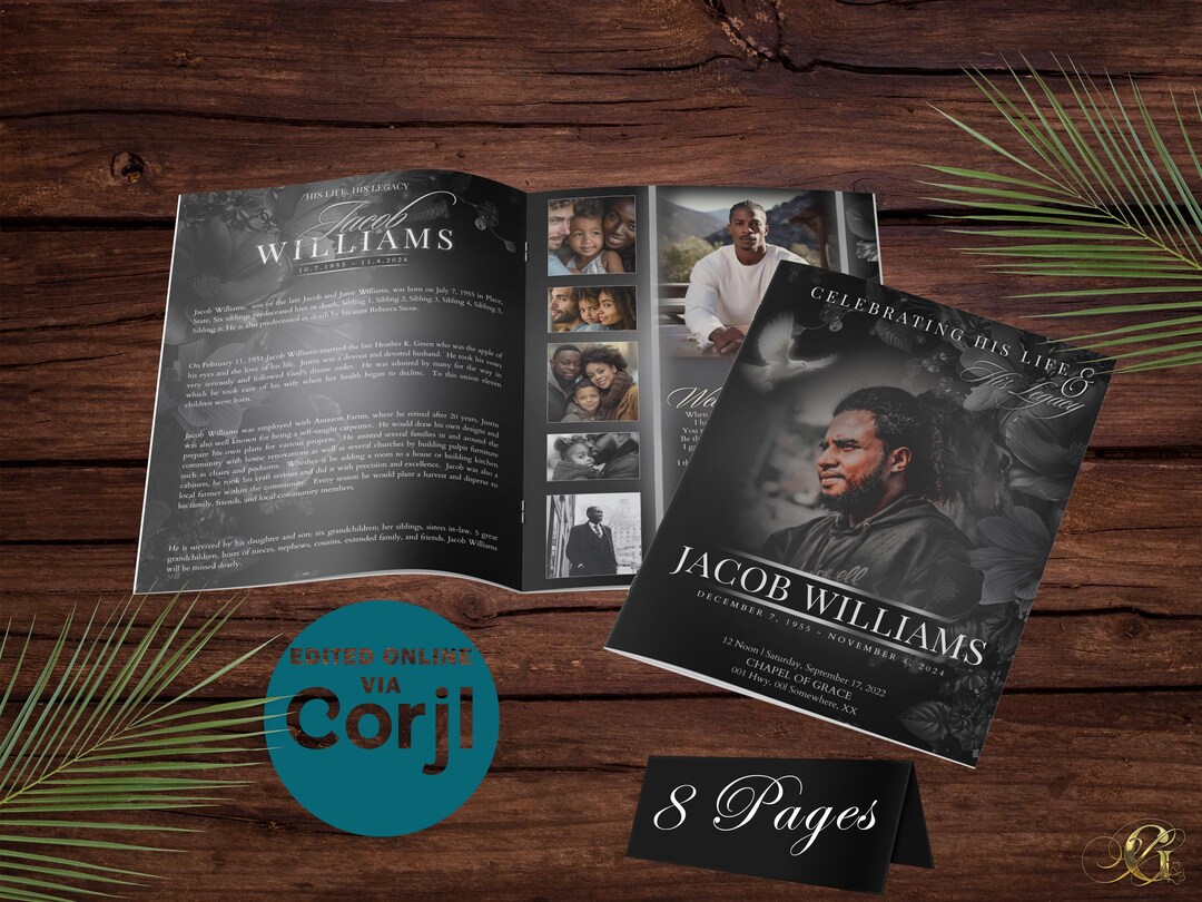 Black and Silver Funeral Program Template | 8 Page, Editable, 11x17 - Etsy