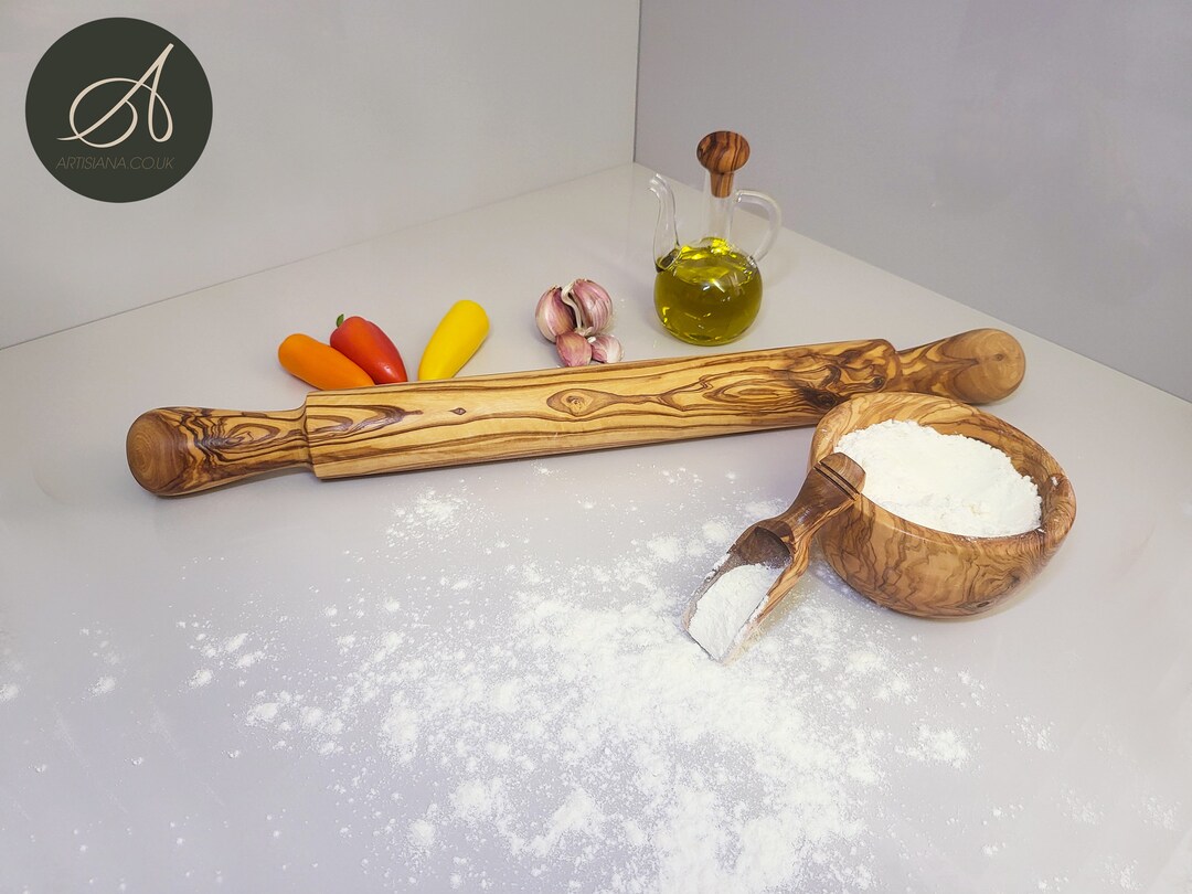 Olive Wood Kitchen Utensil Set: Rolling Pin, Bowl, Scoop & Oil Bottle ...