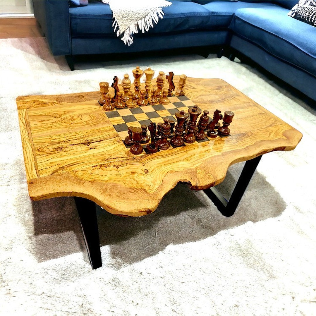 Irregular Shape Olive Wood Chess Table & Pieces With Metal Frame - Etsy