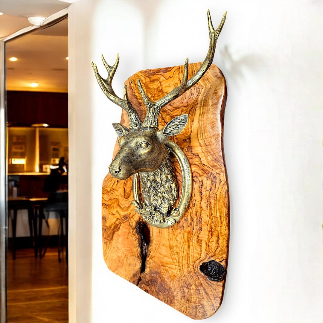 Rustic Wall Mounted Metal Stag Head With Rustic Olive Wood Base - Etsy