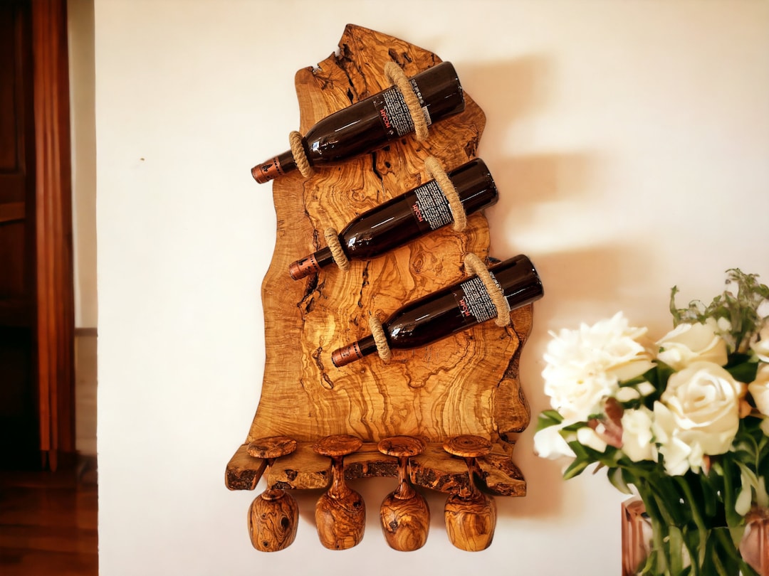 Olive Wood Wall Mounted Wooden Wine Bottle Holder Rack W/ Wooden Goblet ...