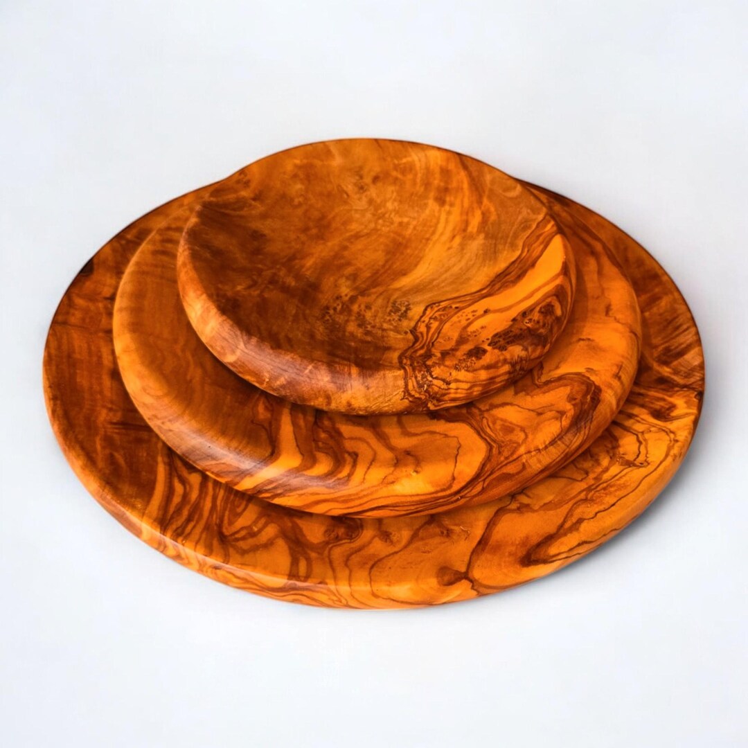 Olive Wood Set of 3 Round Wooden Plates With Round Edge, Plate Set ...