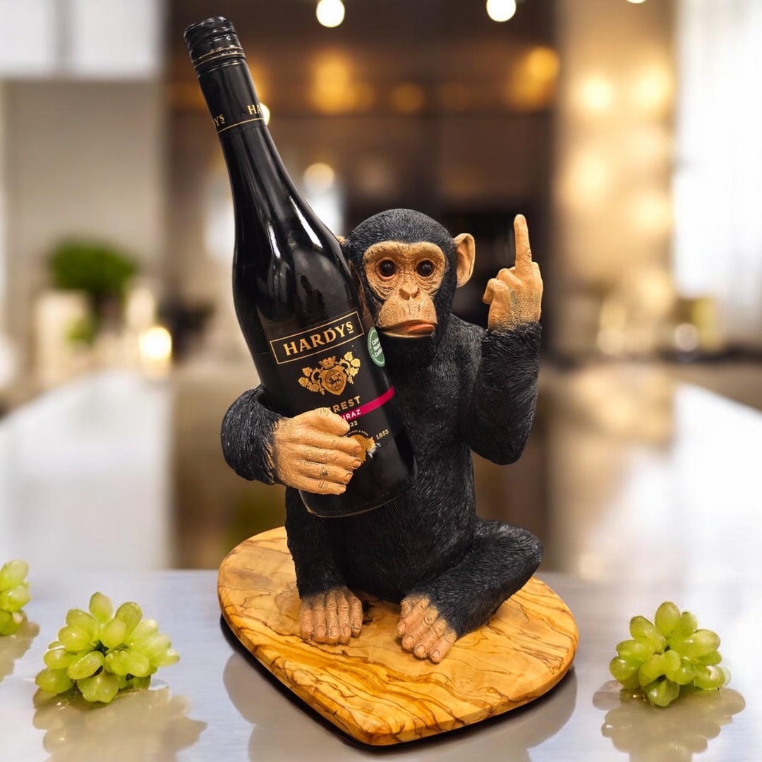 Black up Yours Monkey Wine Bottle Holder With Heart Shape Olive Wood ...