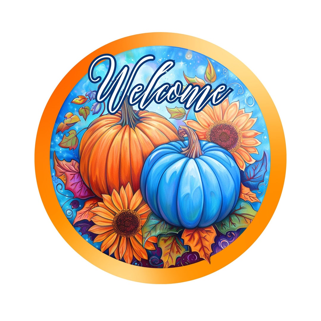 Vivid Welcome Fall Pumpkin Sign for Wreath, Vibrant Blue and Orange ...