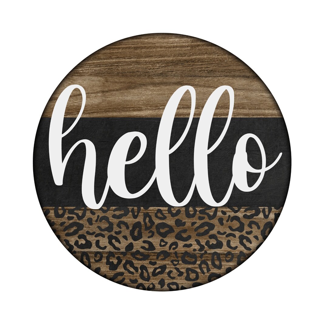 Hello Wreath Sign With Leopard Print, Everyday Faux Wood Metal Round ...