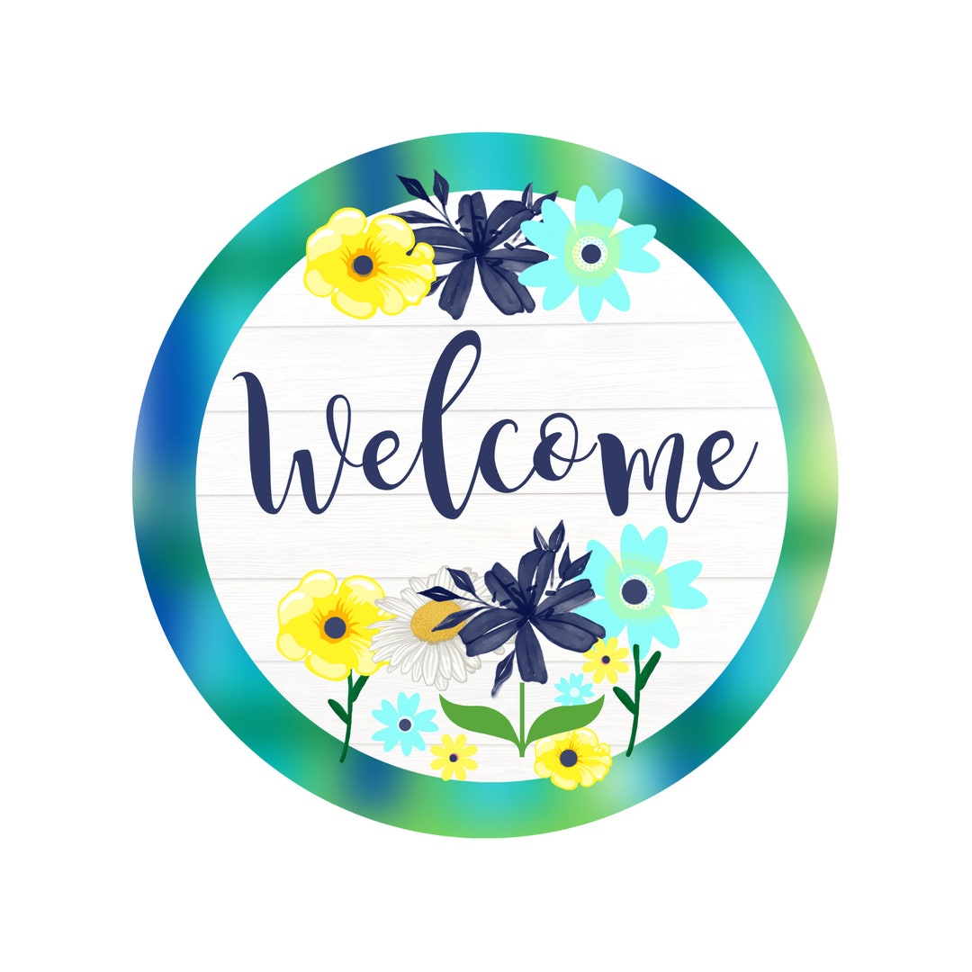 Welcome Floral Wreath Sign, Spring Floral Wreath Attachment, Aqua ...