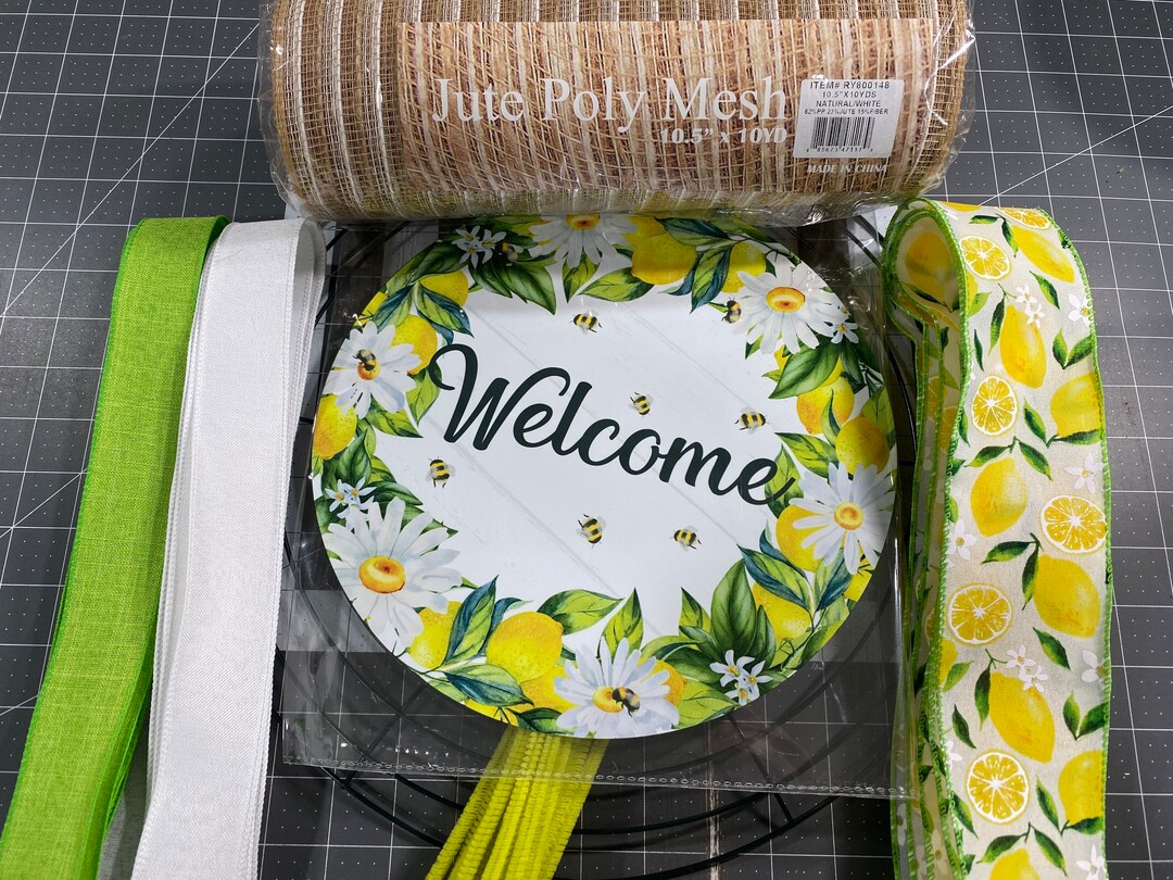Lemon Welcome Wreath Kit, Deco Mesh Diy Wreath Kit, Lemon Sign & Ribbon ...