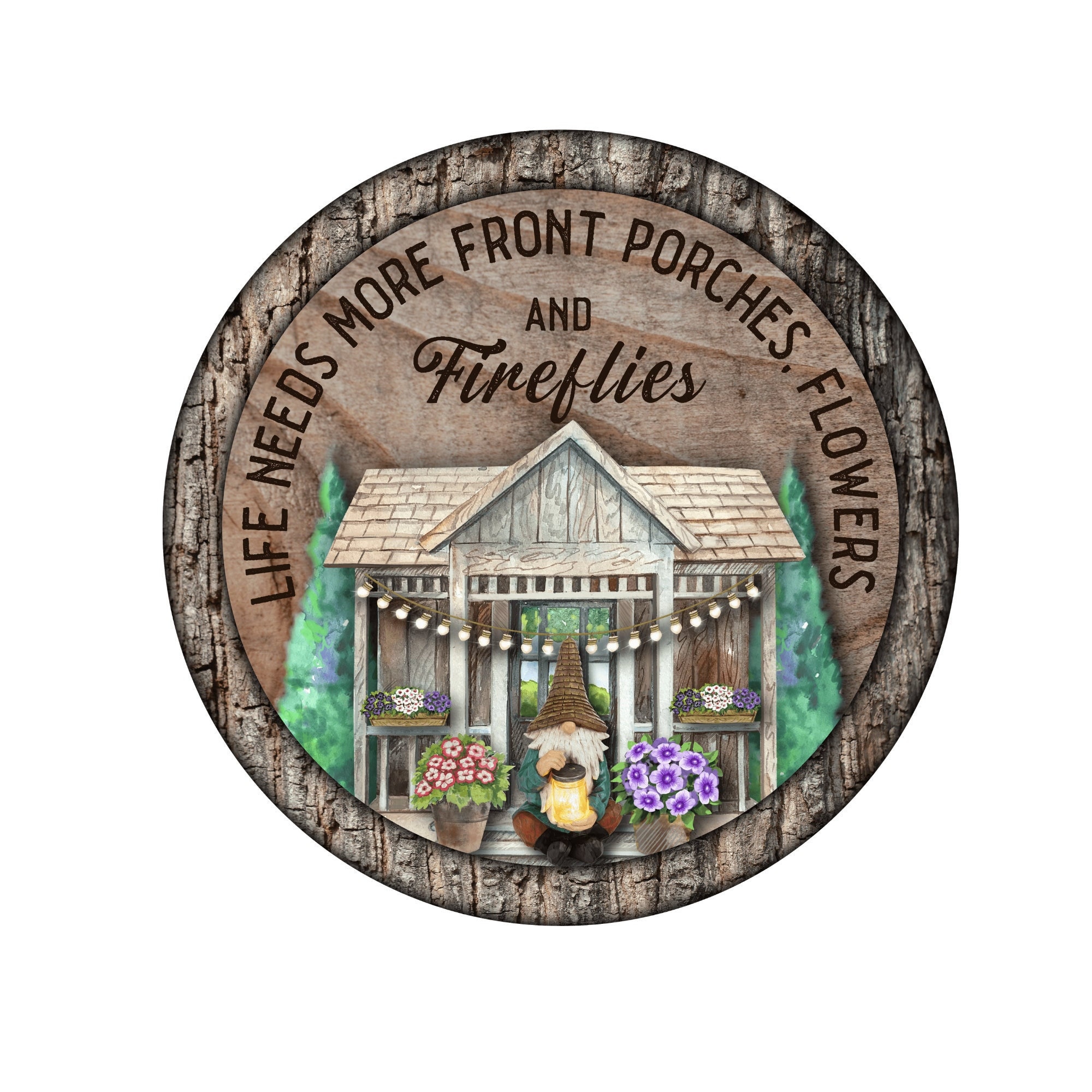 Garden Gnome Fireflies Welcome Sign, Country Porch Round Wreath ...