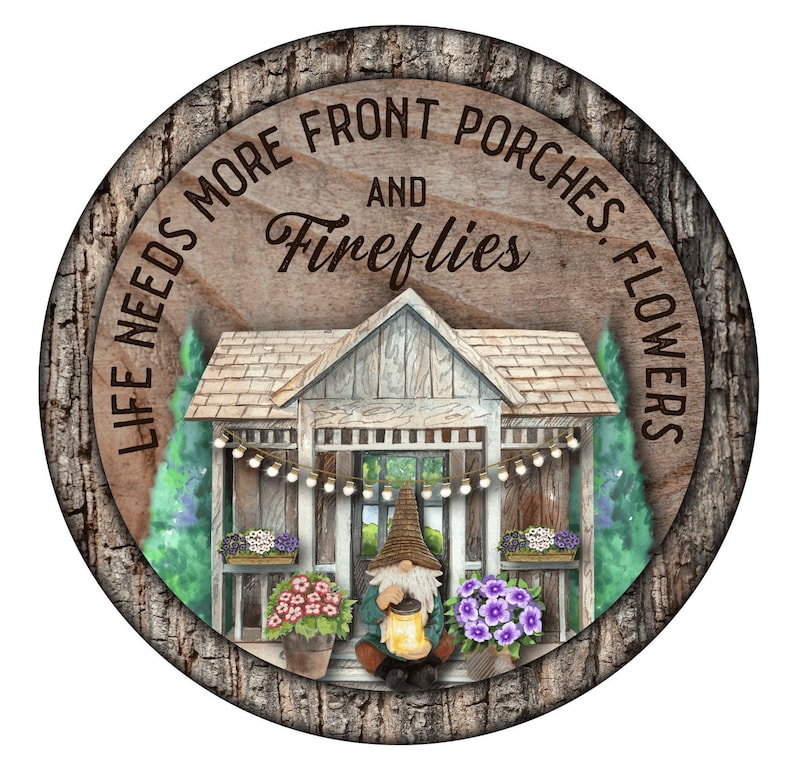 Garden Gnome Fireflies Welcome Sign, Country Porch Round Wreath ...