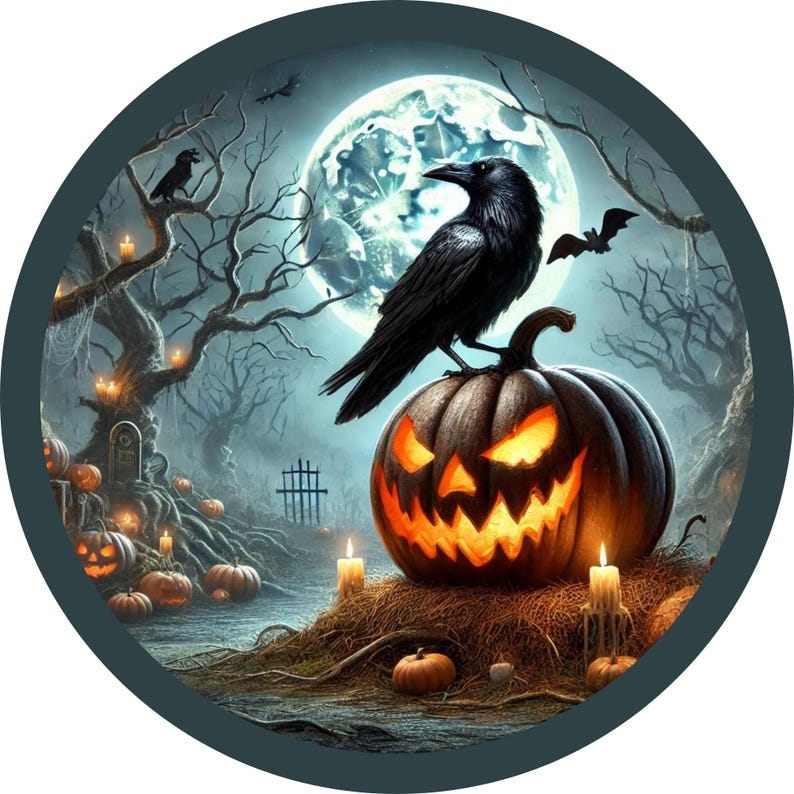 Raven on Jack-o-lantern in Haunted Graveyard Wreath Sign, Halloween ...