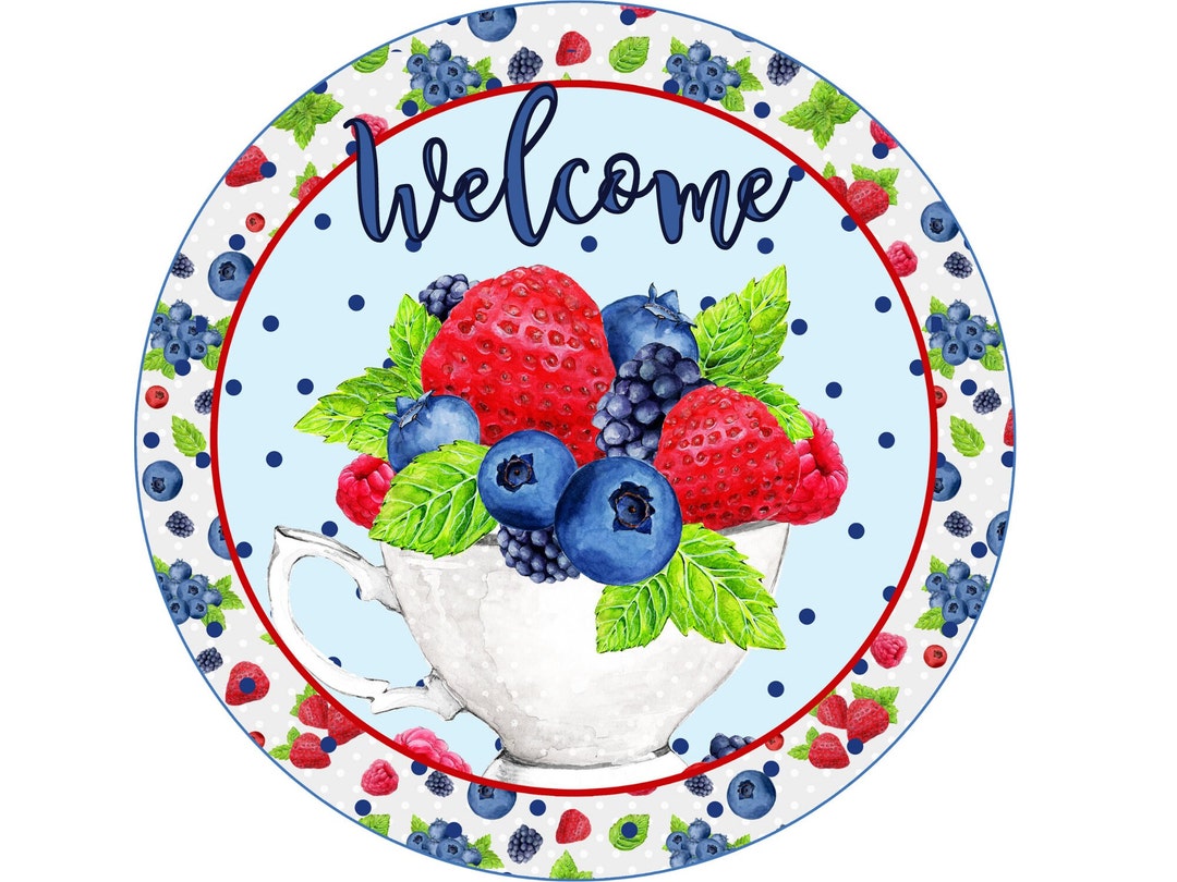 Summer Berries in a Teacup Wreath Sign, Spring Summer Patriotic Color ...