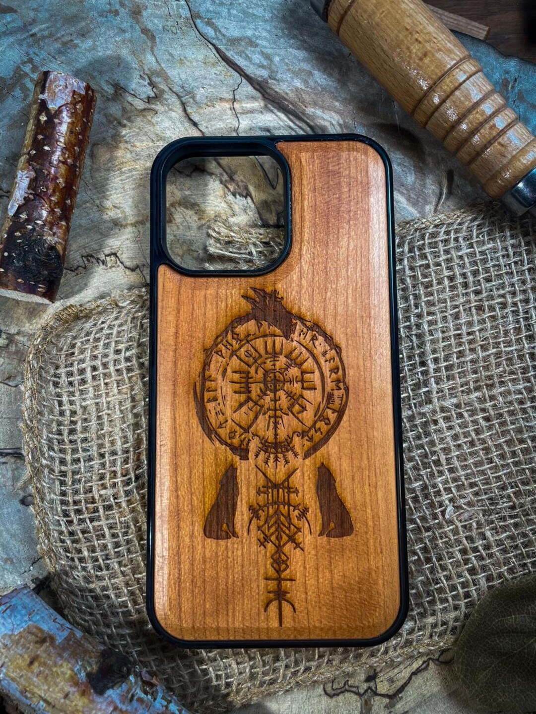 Viking Vegvisir Wolf Fenrir Wood Phone Case, Nordic Mythology, Rune for ...