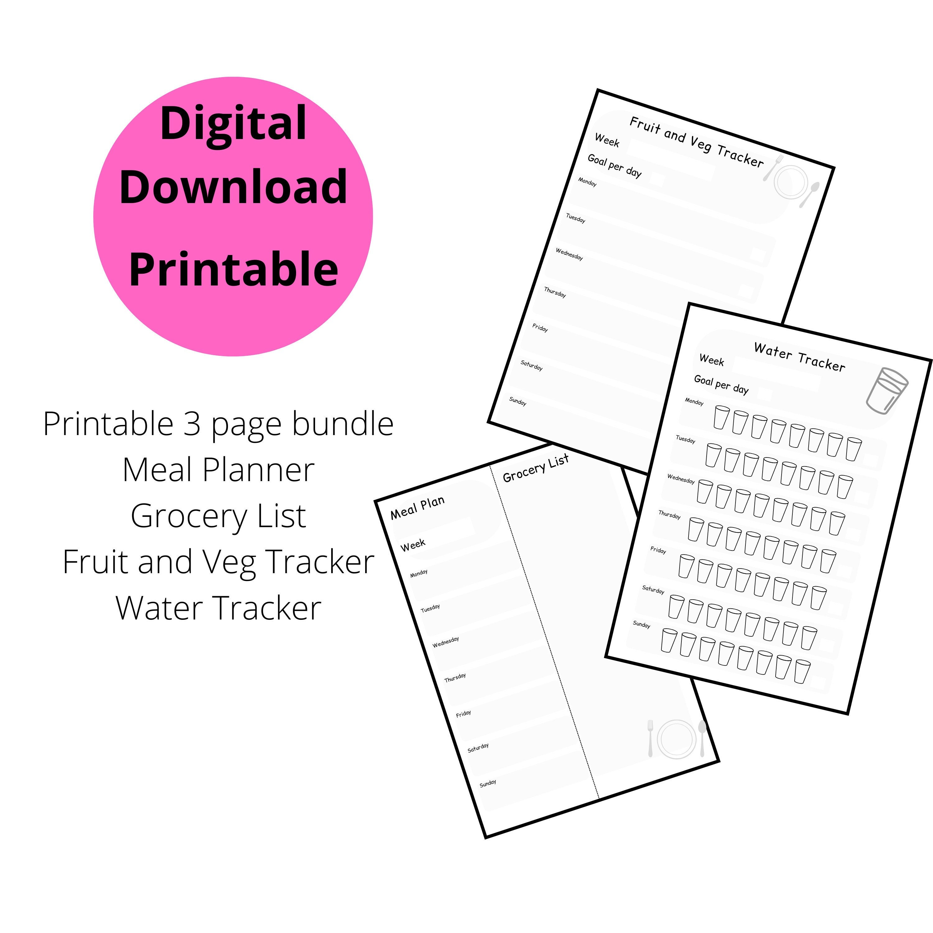 Meal Planner, Fruit and Veg Tracker, Water Tracker, Download, Printable ...