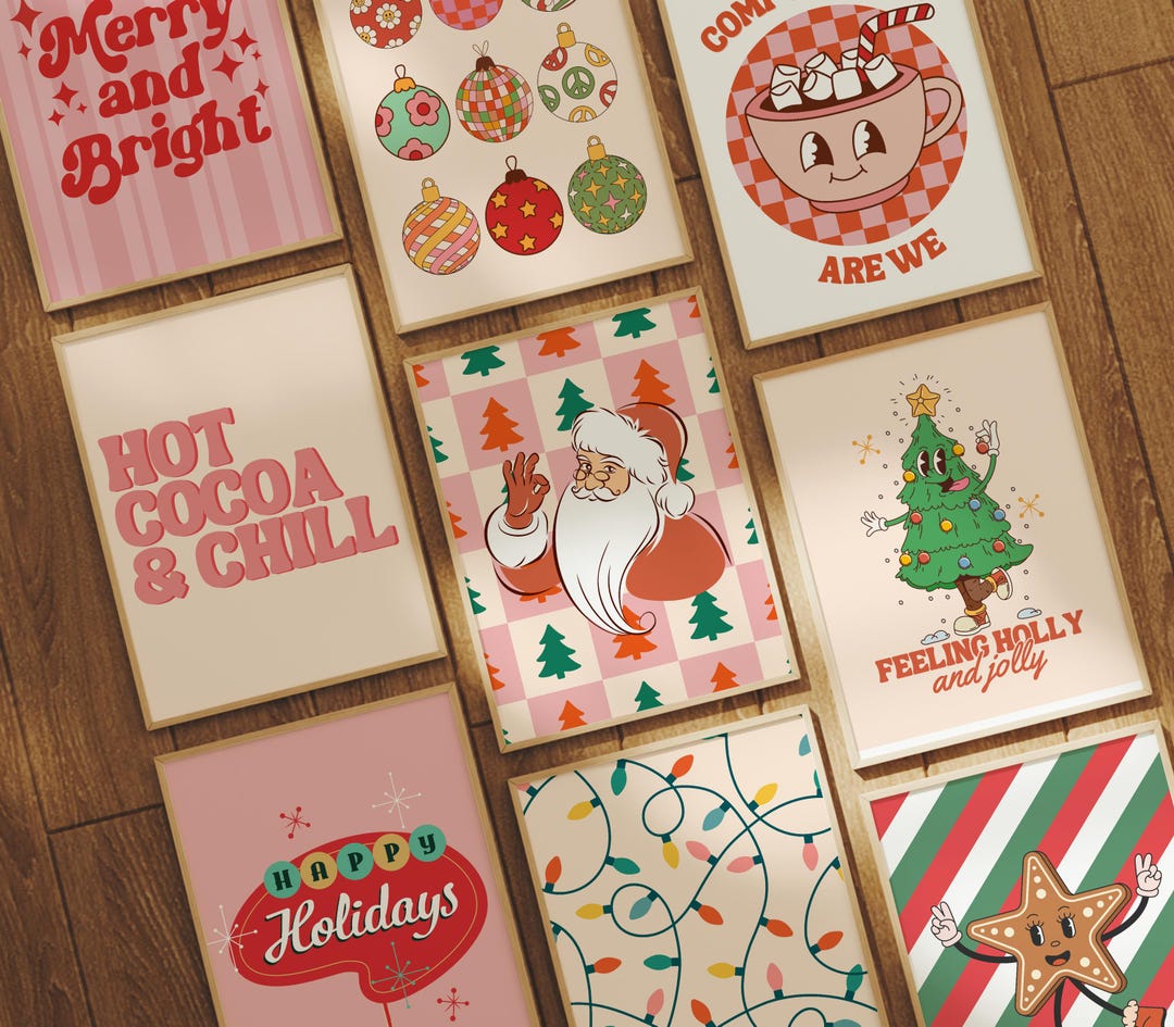 Trendy Retro Christmas Wall Art Set of 9 Groovy Christmas Prints Mid ...