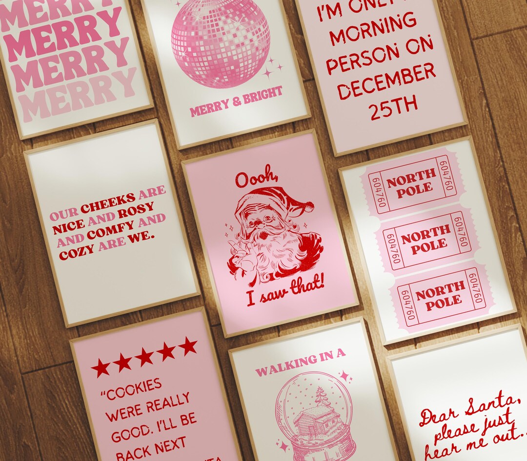 Retro Pink & Red Christmas Print Set of 9: Trendy Vintage Santa Wall ...