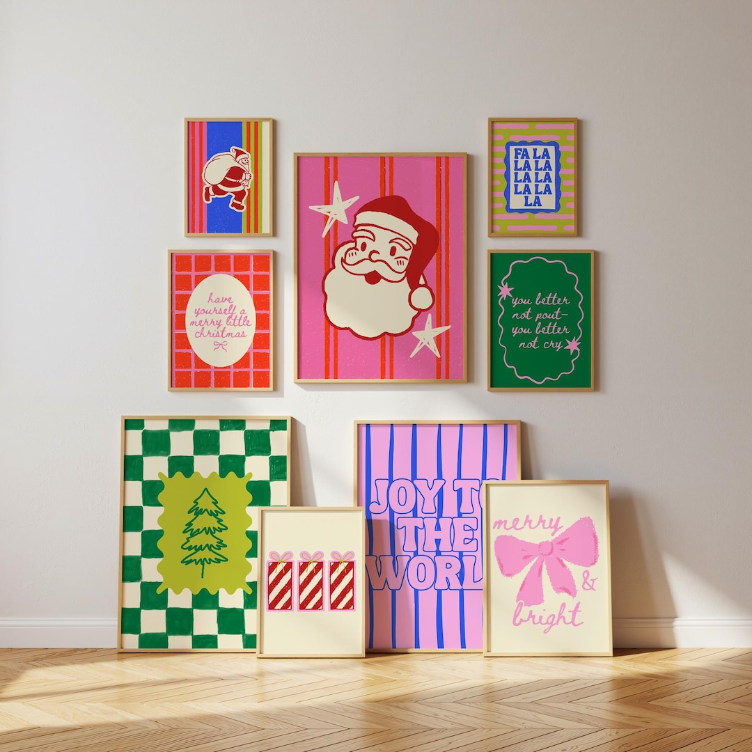 Trendy Christmas Wall Art Set of 9: Maximalist Holiday Prints, Colorful ...