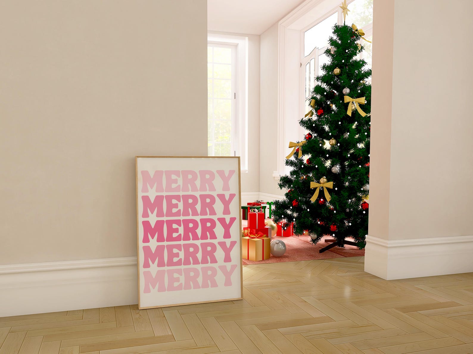 Retro Pink & Red Christmas Print Set of 9: Trendy Vintage Santa Wall ...