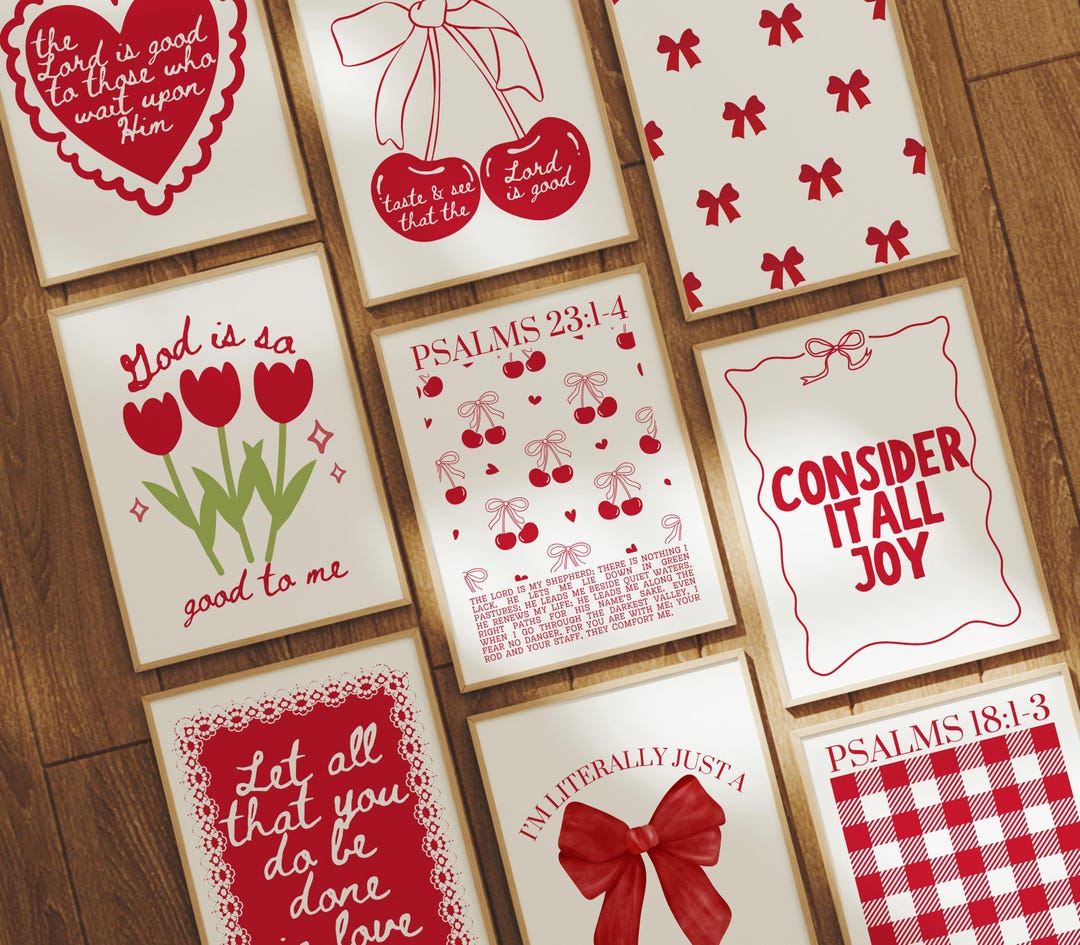 Trendy Christian Wall Art Set of 9: Red Coquette Prints, Girly Bible ...