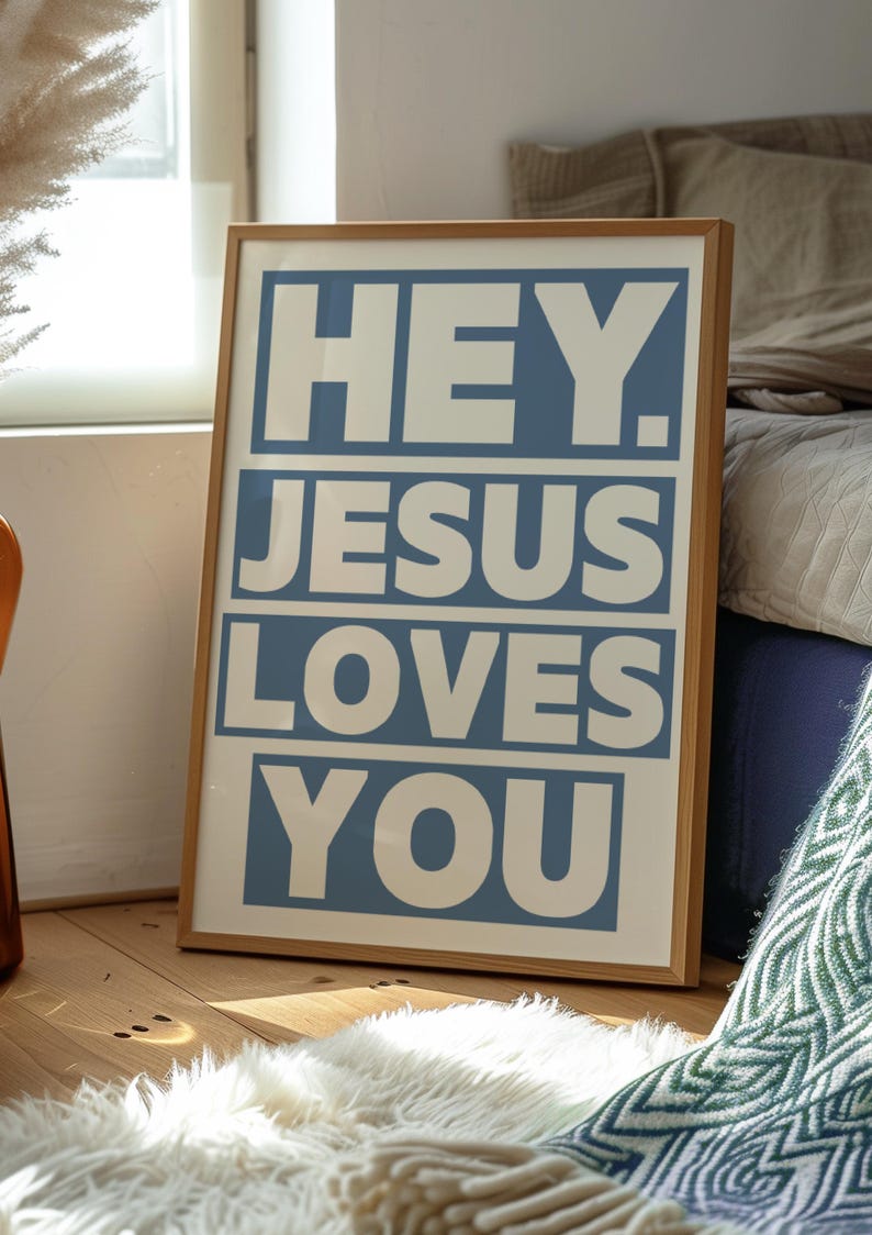 Blue Jesus Loves You Print: Trendy Christian Wall Art, Bible Verse ...