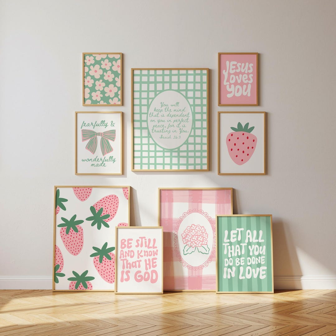 Trendy Christian Wall Art Set of 9: Strawberry Fruit Prints, Pink ...