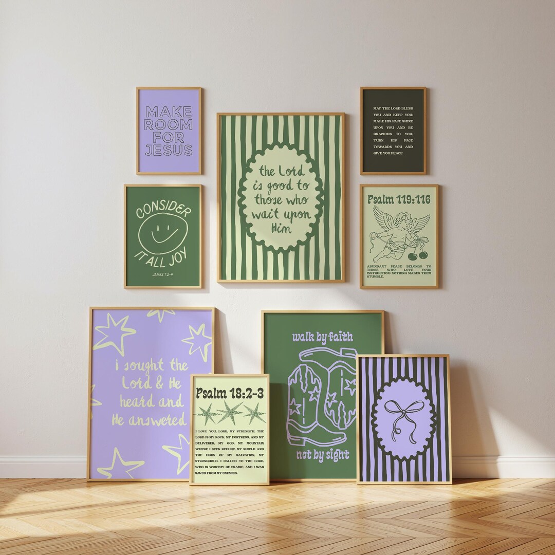 Trendy Christian Wall Art Set of 9: Green Bible Verse Prints, Purple ...