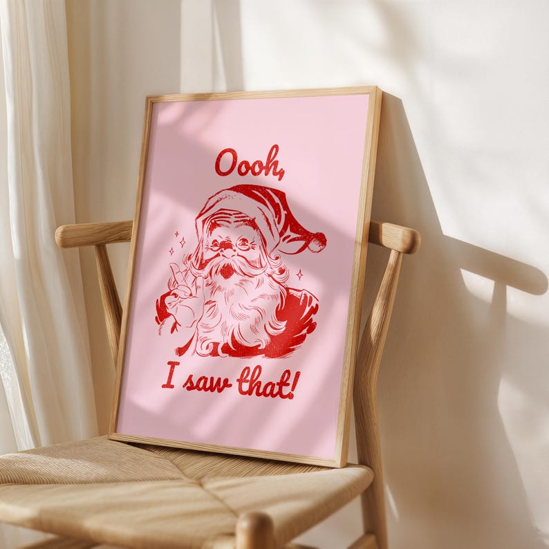 Retro Pink & Red Christmas Print Set of 9: Trendy Vintage Santa Wall ...