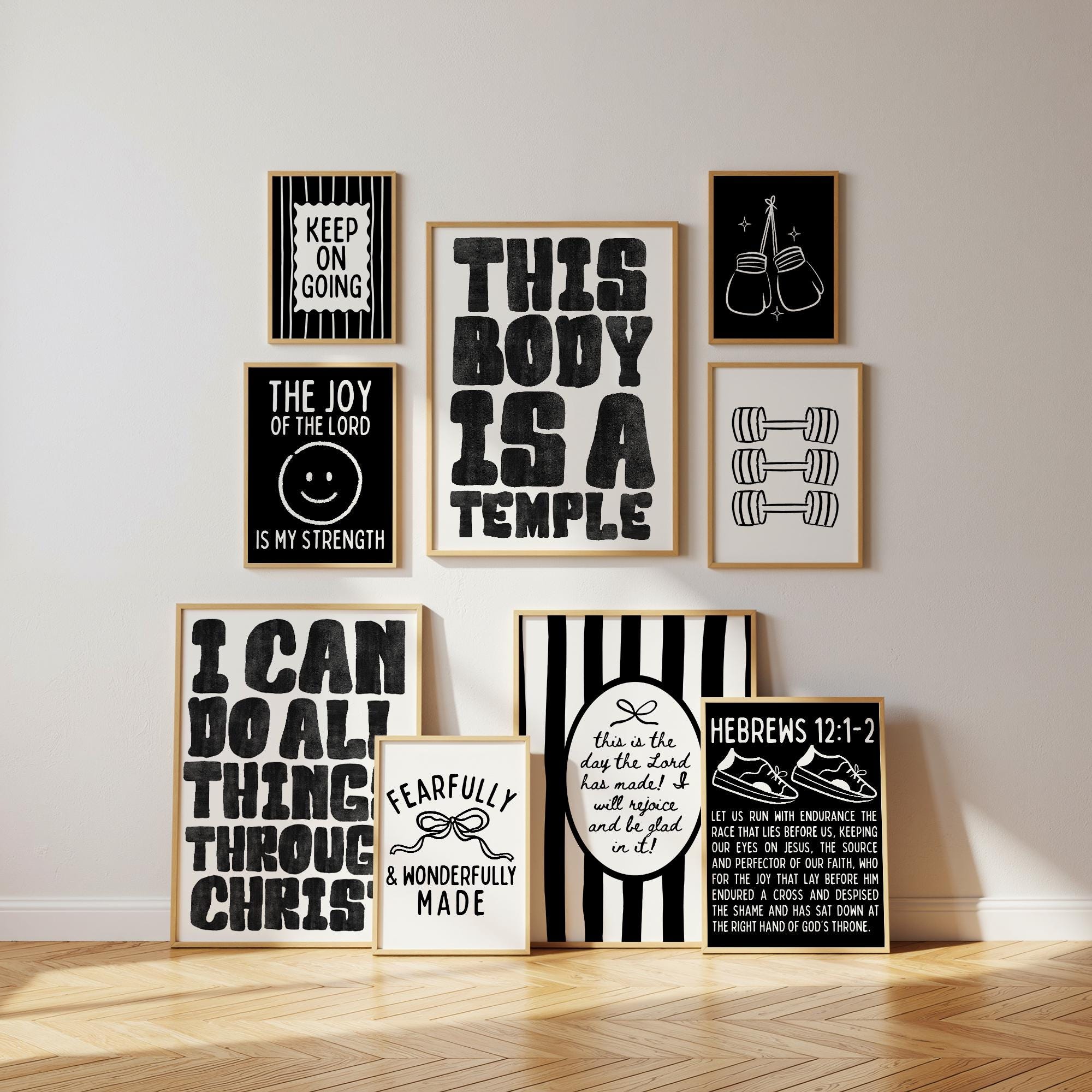 Christian Gym Wall Art Set of 9: Black Home Gym Prints, Christian ...