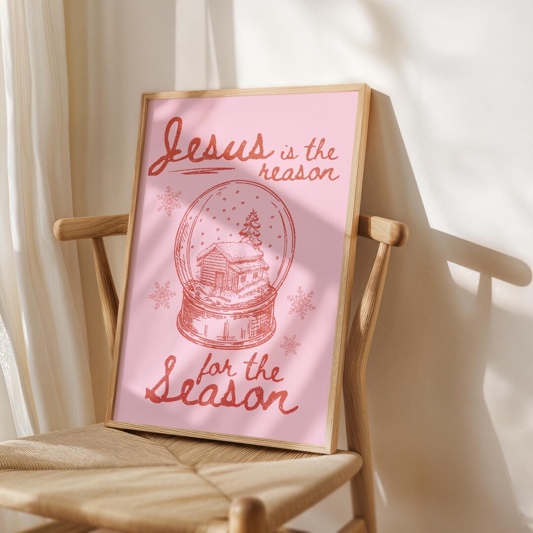Trendy Christian Christmas Vintage Print Snow Globe Retro Wall Art Pink ...