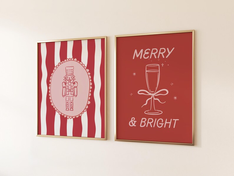 Trendy Pink & Red Christmas Wall Art Set of 6: Minimalist Striped ...
