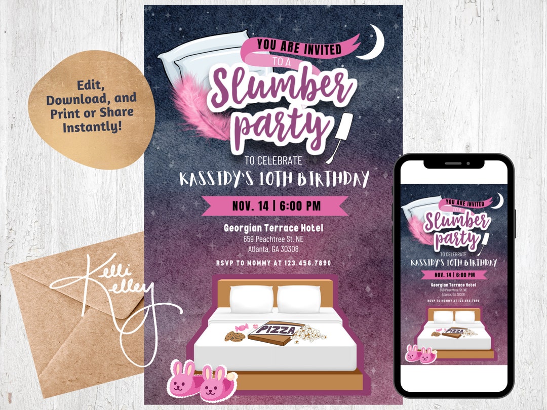 Slumber Party Invitation for Girls, Sleepover Party Invite, Girls ...