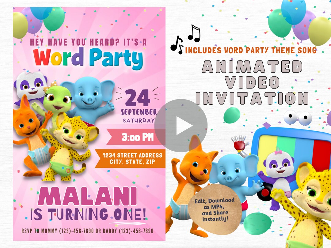 Word Party Birthday Invitation | Word Party Video Animated Invite ...