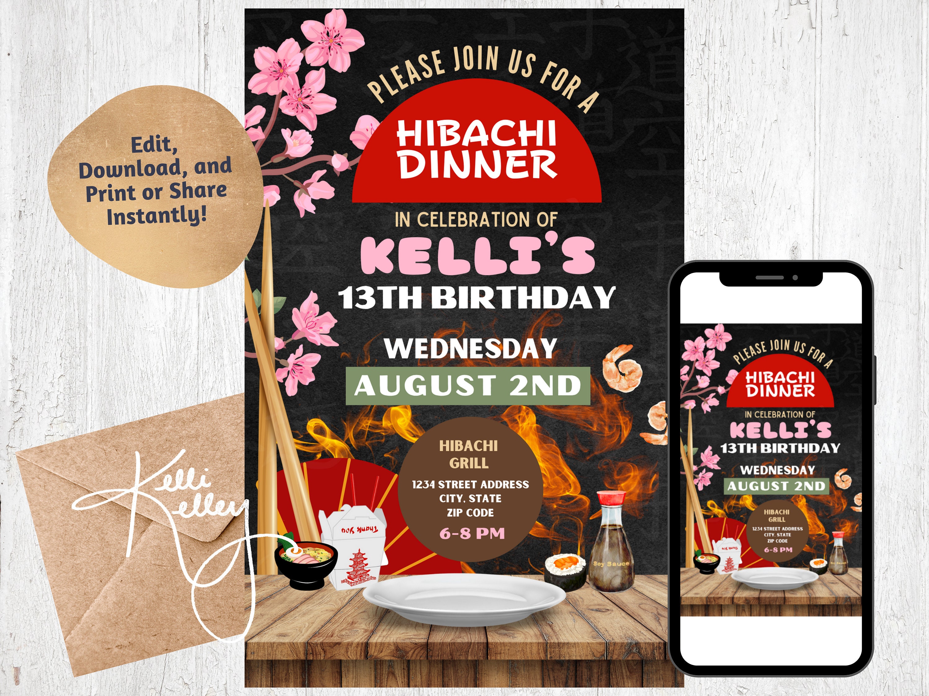 Hibachi Grill Theme Party Invitation | Japanese Cherry Blossom Hibachi ...