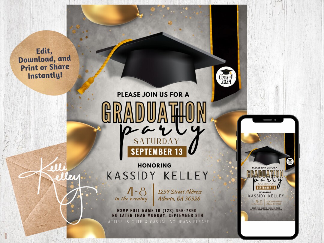 Graduation Party Invitation | Gold and Black Class of 2024 Digital ...