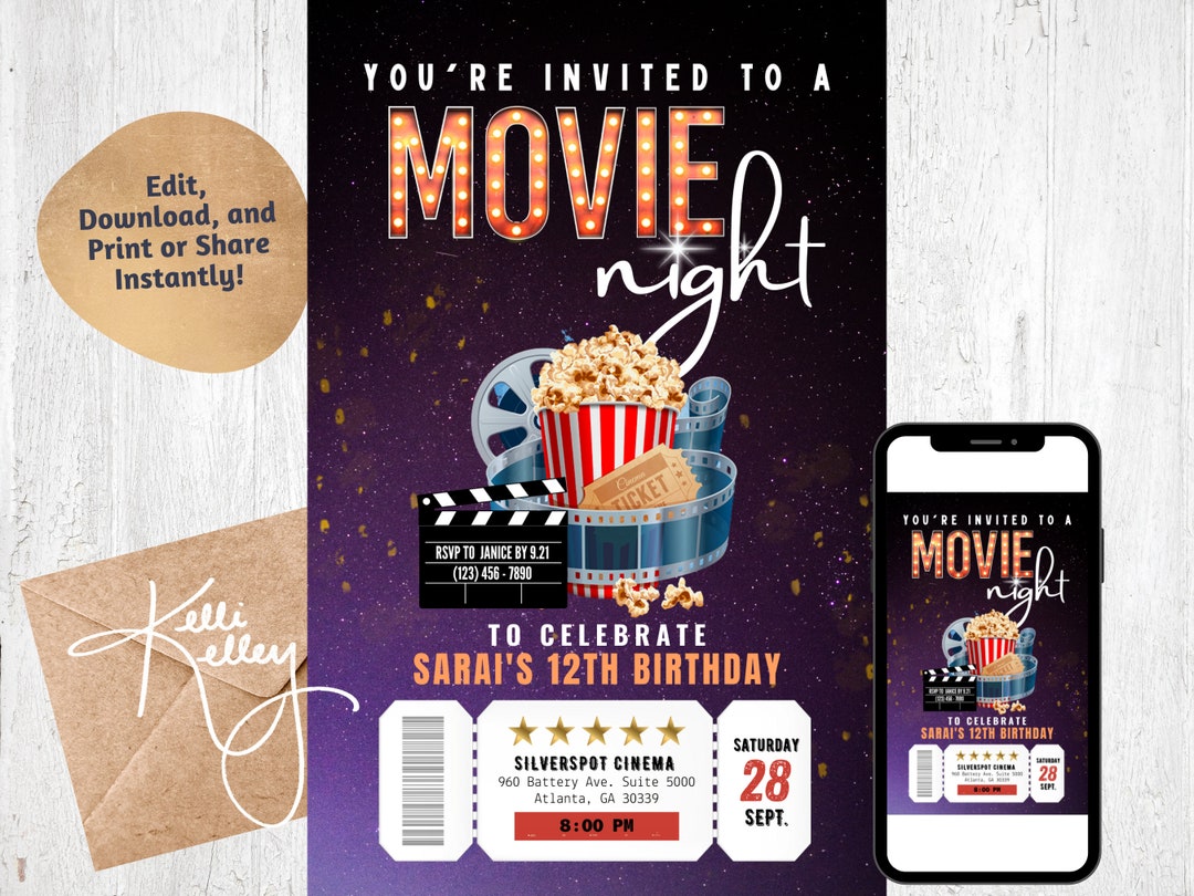 Movie Night Invitation | Printable and Editable Movie Birthday Party ...