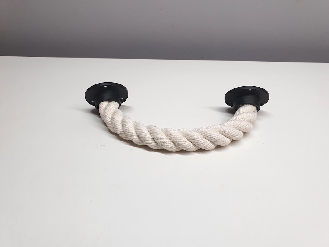 Handcrafted Drawer Pull .. White Cotton Rope Handle With Black Metal ...