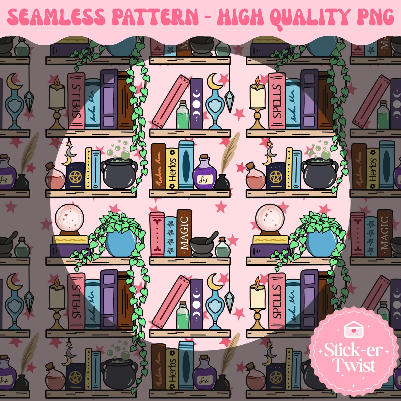 Spooky Bookish Seamless Pattern: Witch Bookshelf Pattern, Halloween ...