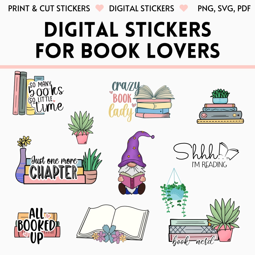 Book Lover Stickers Digital Printable Bundle, PNG Stickers for Digital ...