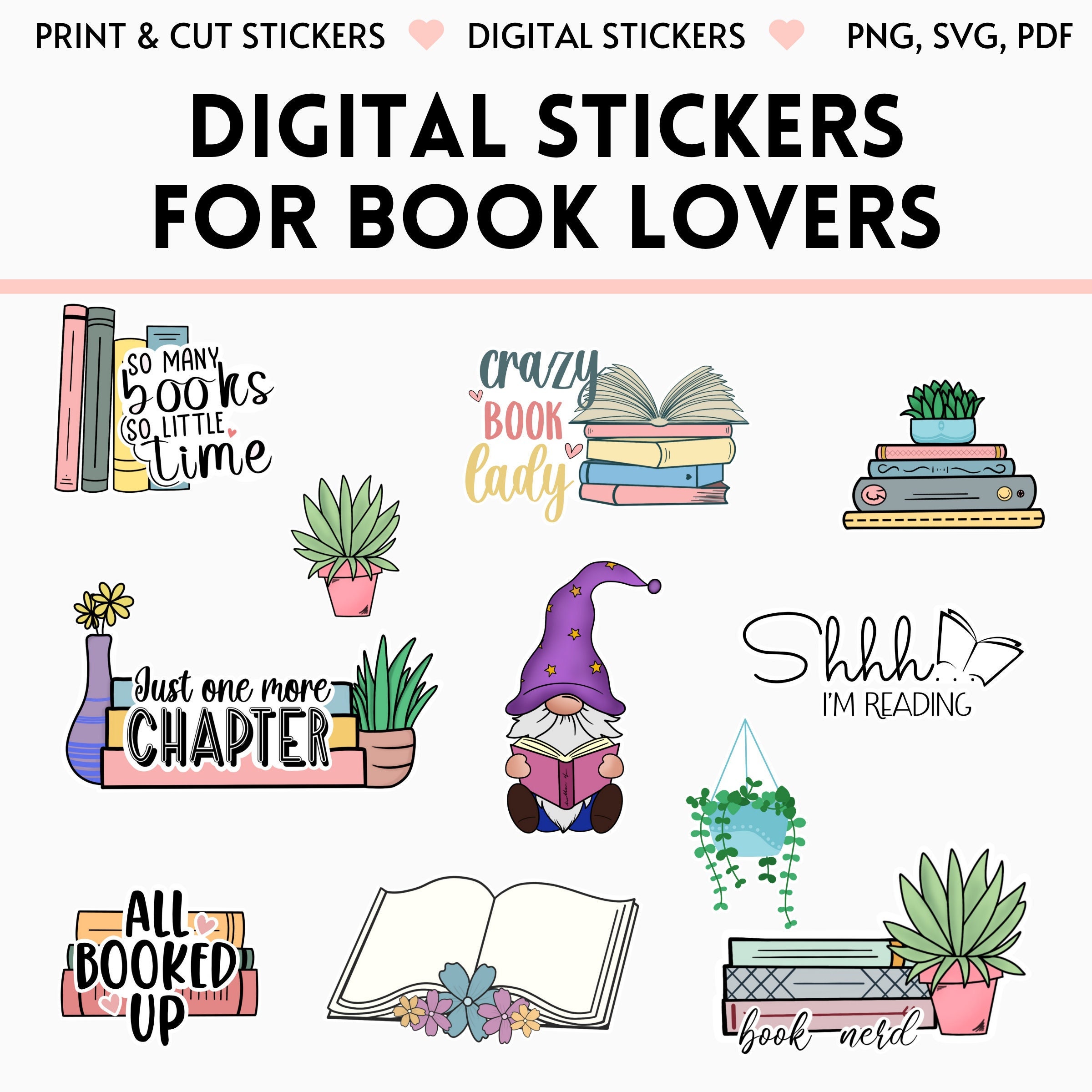 Book Lover Stickers Digital Printable Bundle, PNG Stickers for Digital ...