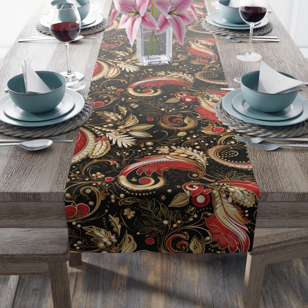Christmas Table Runner Floral Dark Xmas Table Runner Winter Table ...