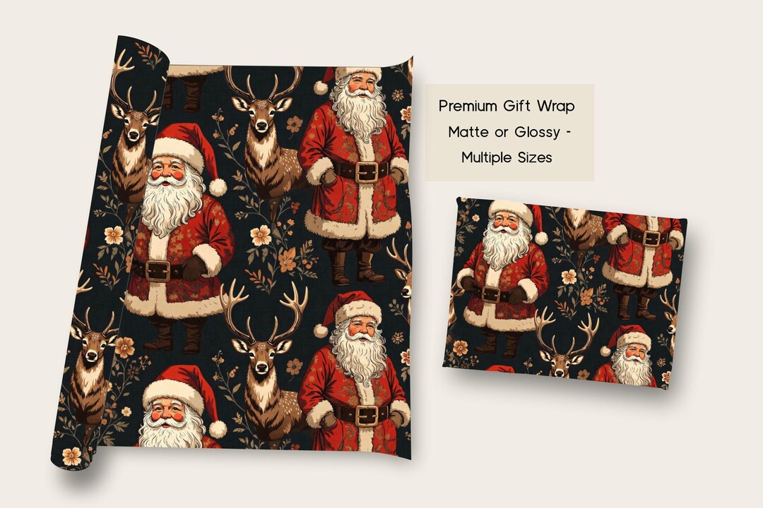 Dark Floral Santa Gift Wrap, Vintage Christmas Wrapping Paper, Holiday ...