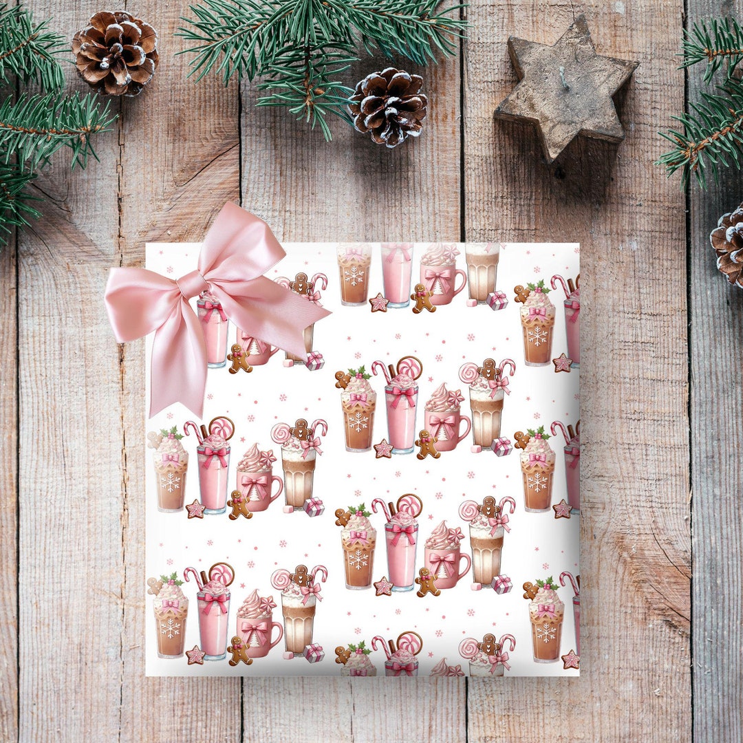 Pink Christmas Gift Wrap Gingerbread Man Iced Coffee Christmas Cocoa ...