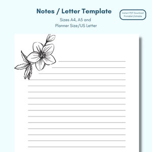 Pencil Sketched Flower Lined Letter Template Printable Digital Download ...