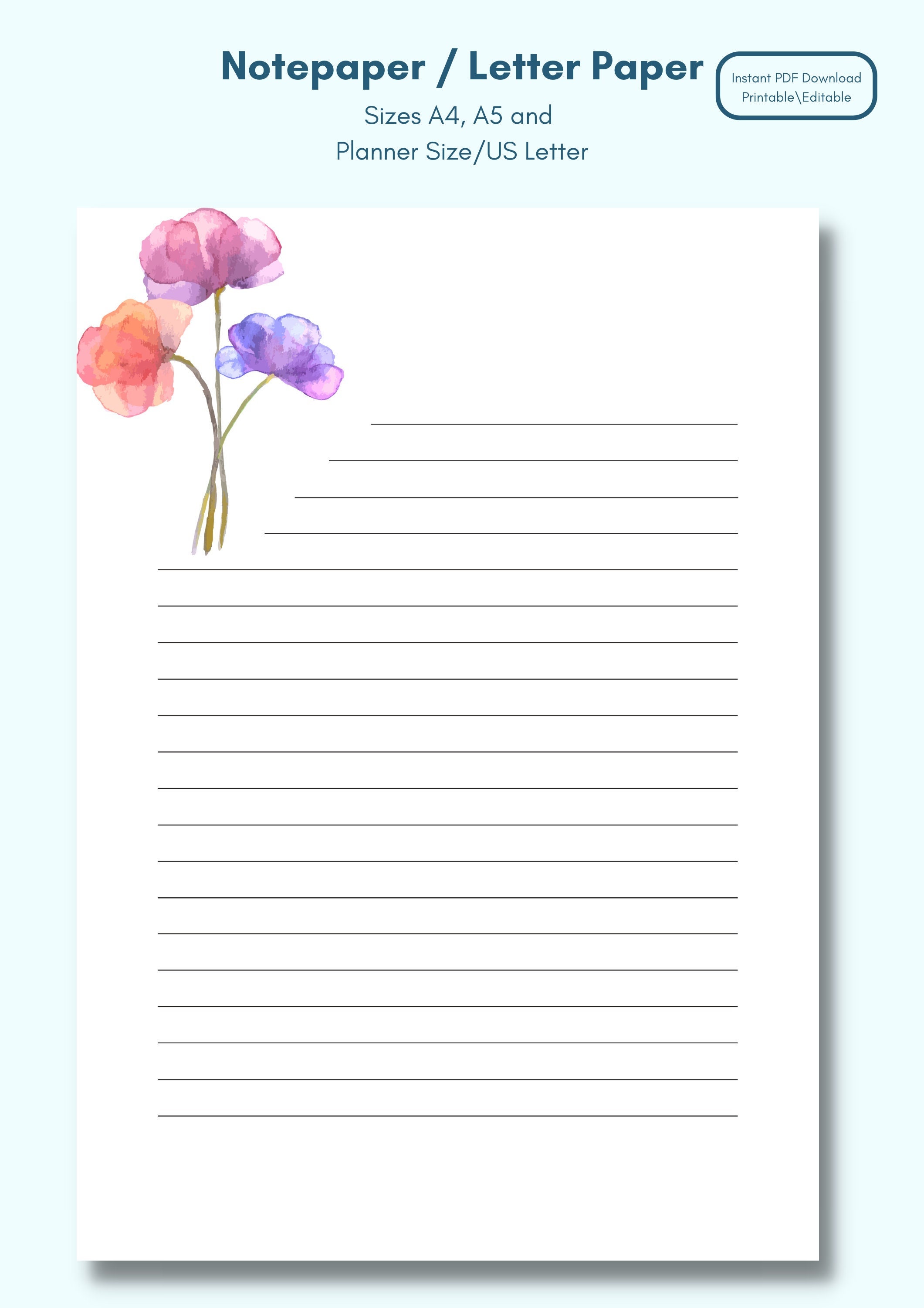 Watercolour Flowers Lined Letter Template Printable Digital Download ...