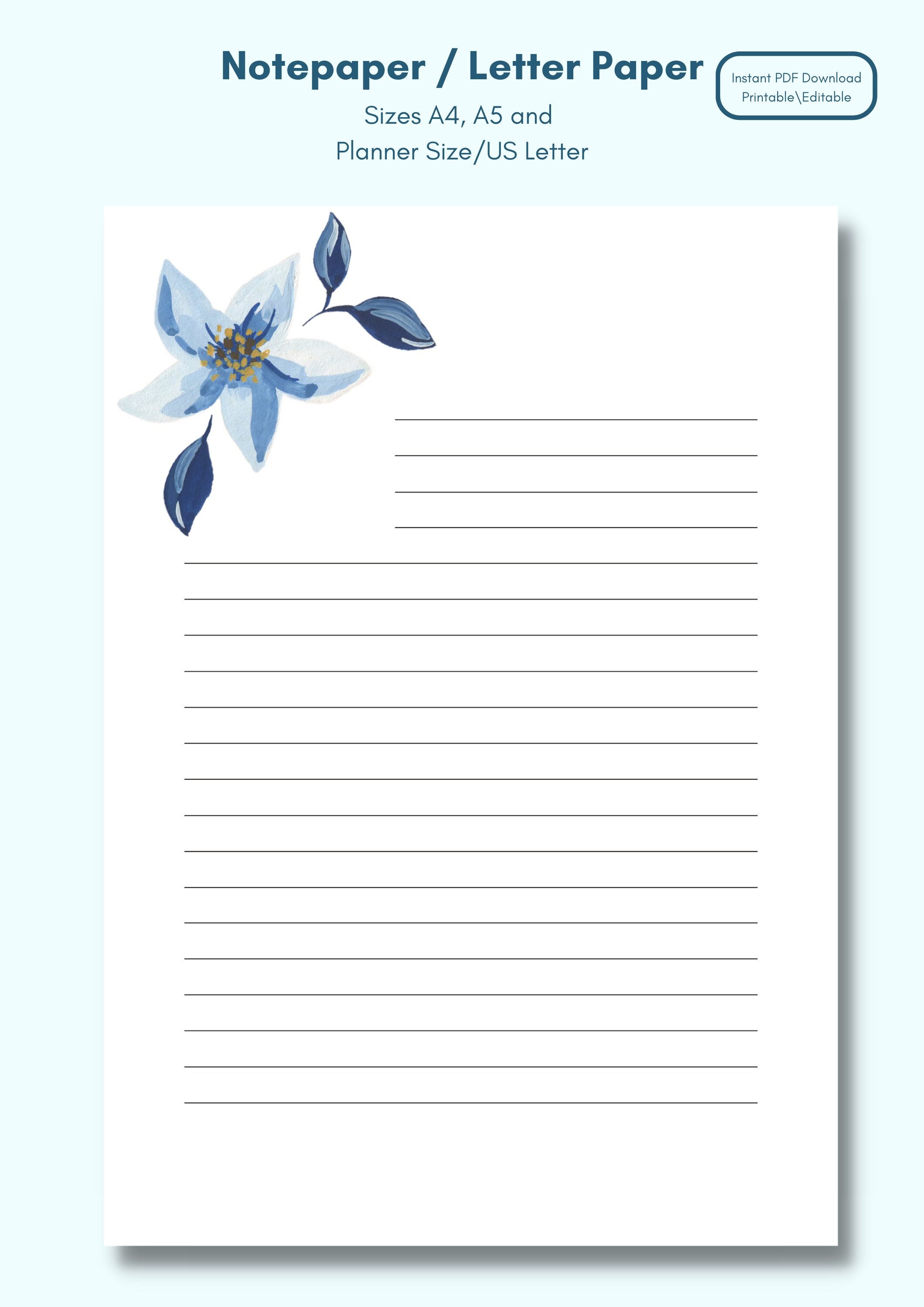 Blue Painted Flower Lined Letter Template Printable Digital Download ...