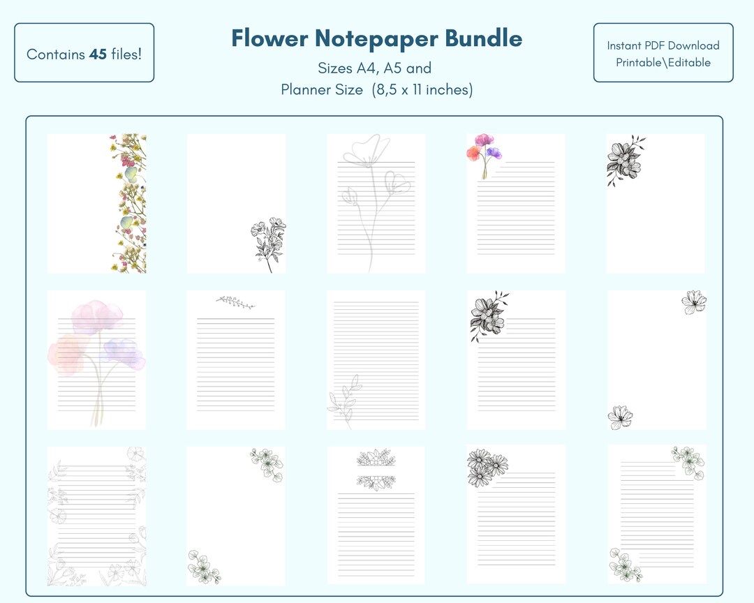 15 Flower Notepaper Letter Bundle N1 in 3 Sizes Printable Digital ...
