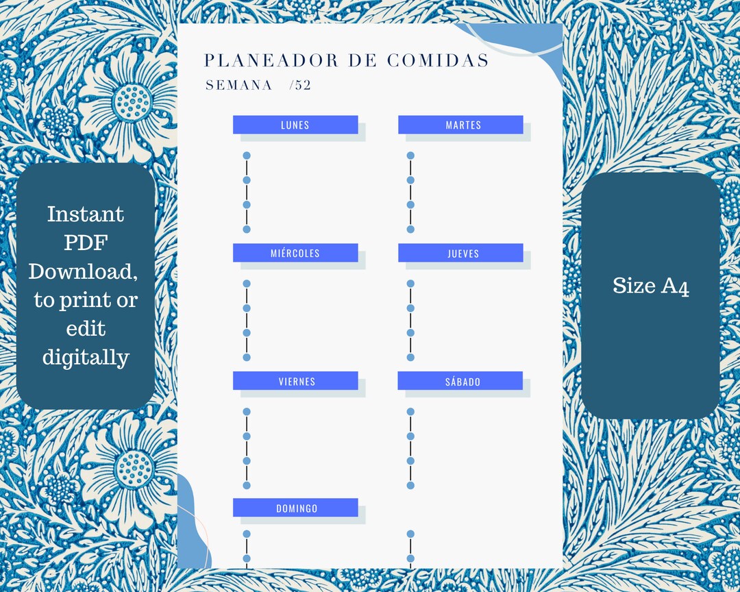 SPANISH Bullet Weekly Meal Planner for Breakfast, Lunch, Dinner and ...