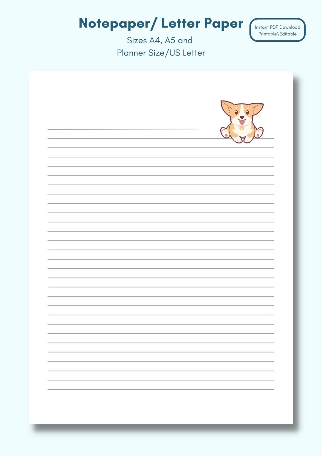 Lined Letter With a Sitting Puppy Printable Digital Writing Paper ...